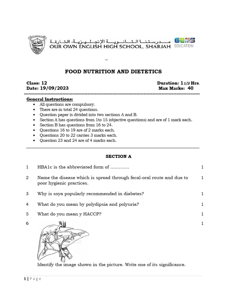 G12 - Food Nutrition - Unit Test 2 - September 2023 - QP | PDF ...