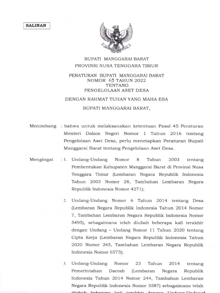 Perbub Nomor 69 Tahun 2022 TTG Pengelolaan Aset Desa | PDF