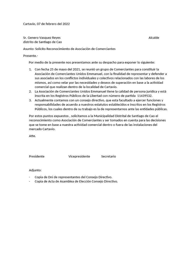 Solicitud Reconocimiento Nueva Junta Directiva | PDF