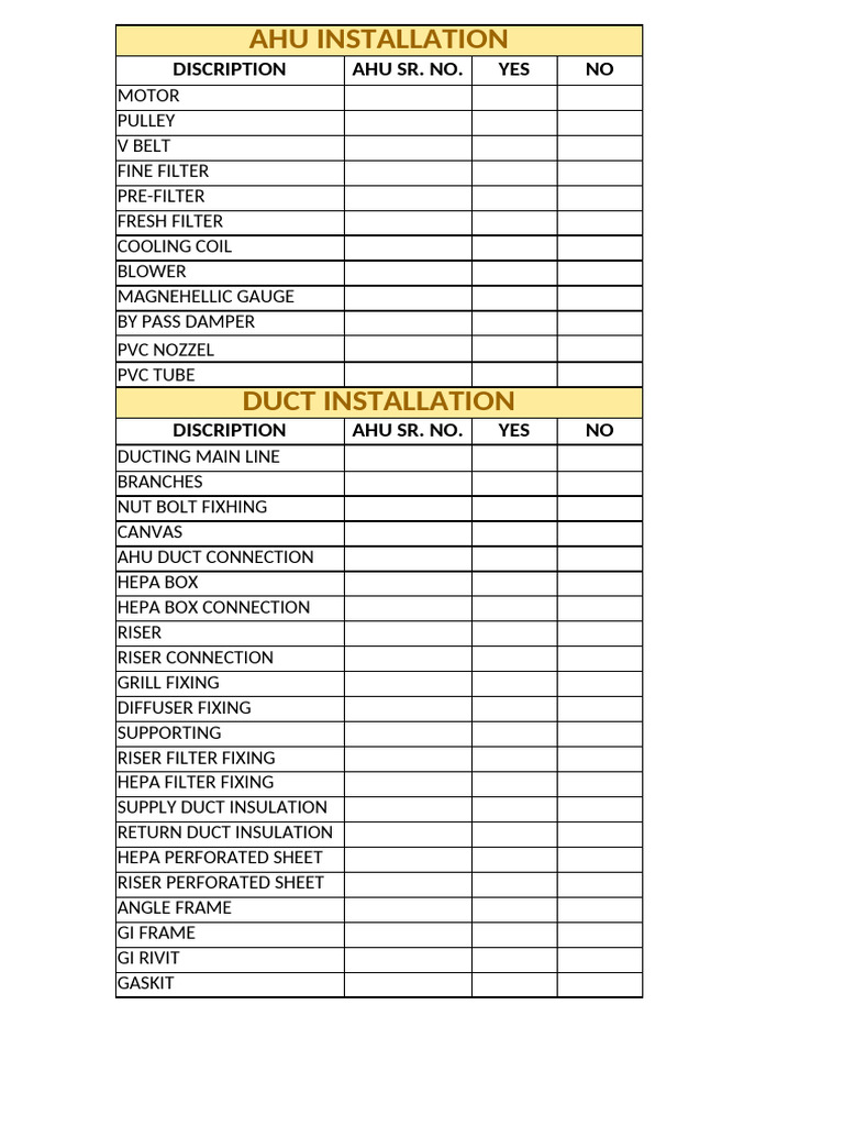 AHU and Duct Installation Checklist | PDF