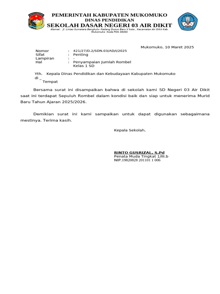 Surat Penyampaian Rombel Kelas 1 | PDF