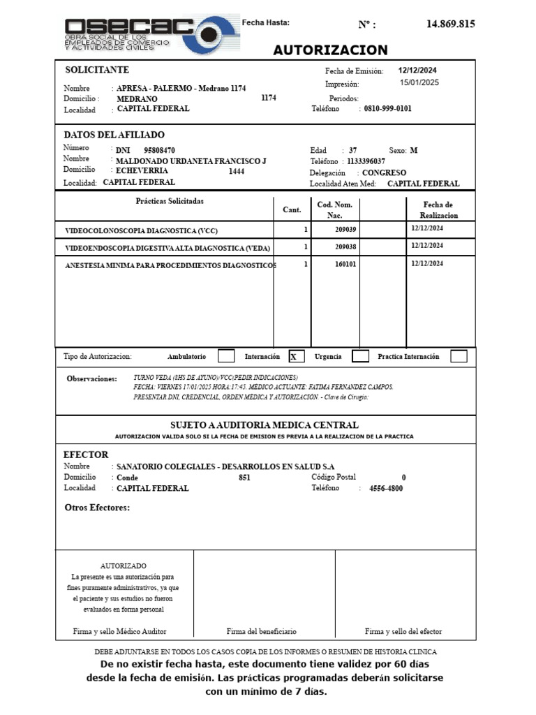 Autorización OSECAC estudio | PDF | Cuidado de la salud | Medicina