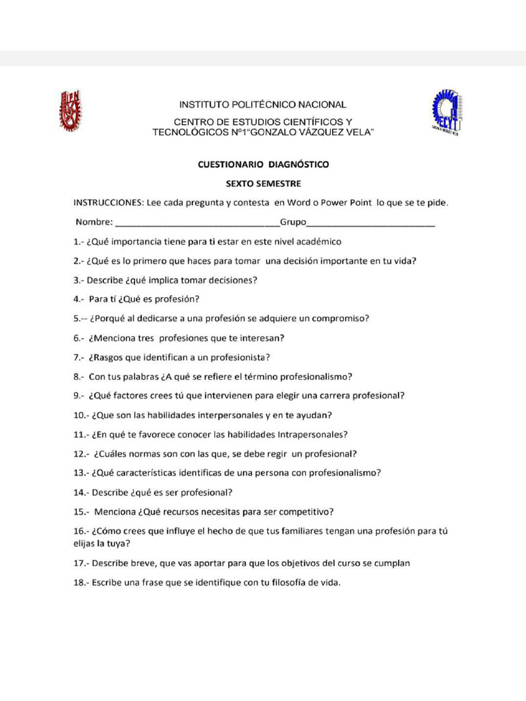 Cuestionario Diagnostico - Orientación Juvenil y Profesional Iv - Cecyt 1 | PDF