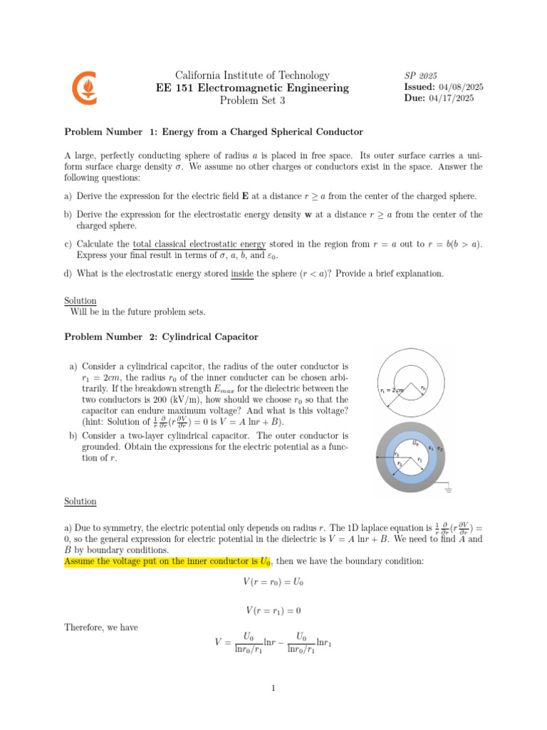 EE 151 Problem Set2 Solution | PDF | Sphere | Electromagnetism