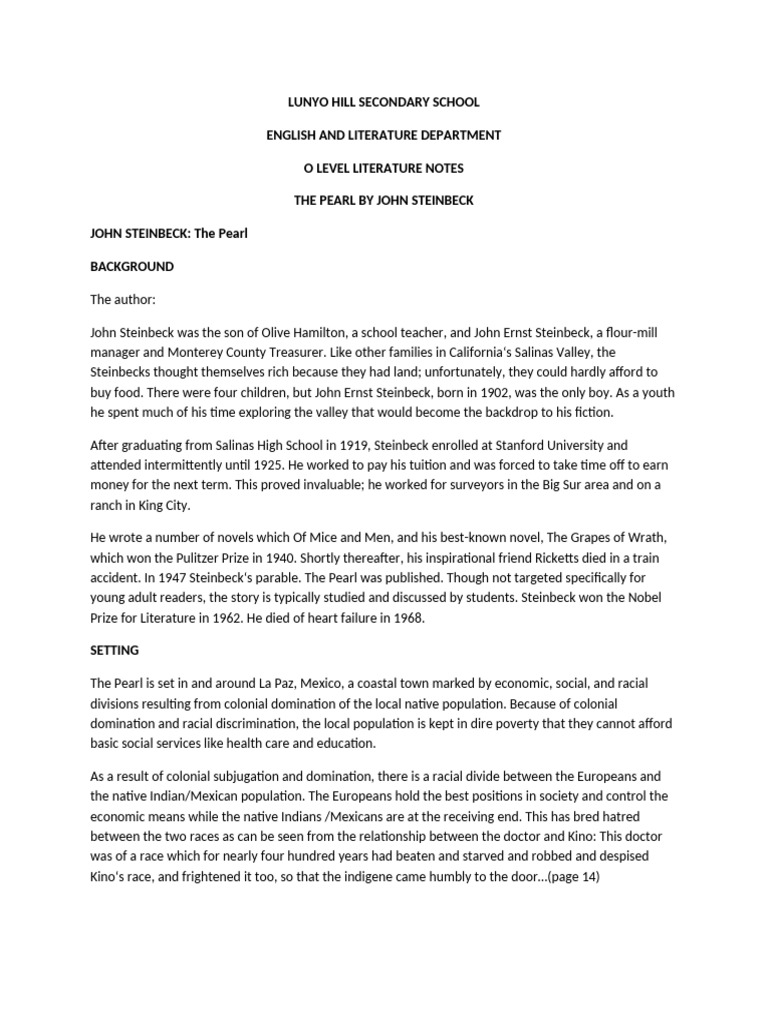 O Level Notes on Steinbeck's The Pearl | PDF | John Steinbeck