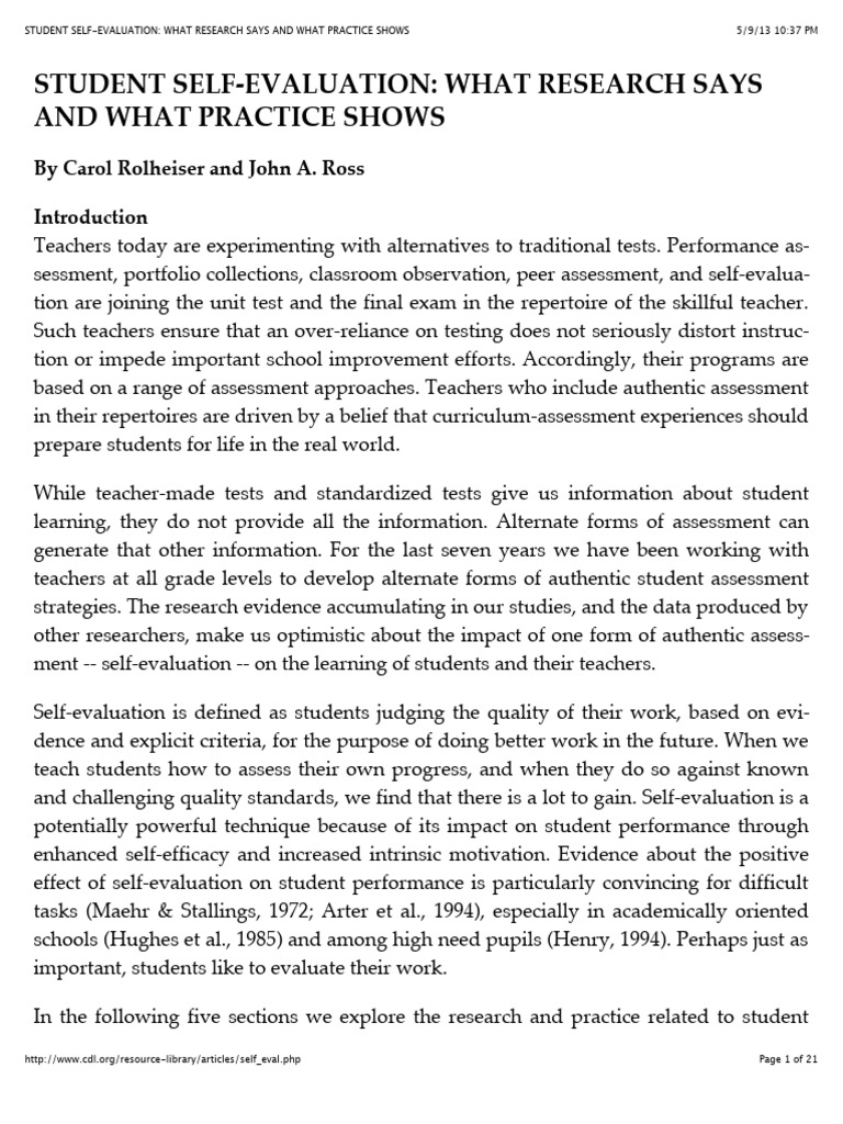 Student Self Evaluation What Research Says and What Practice Shows ...