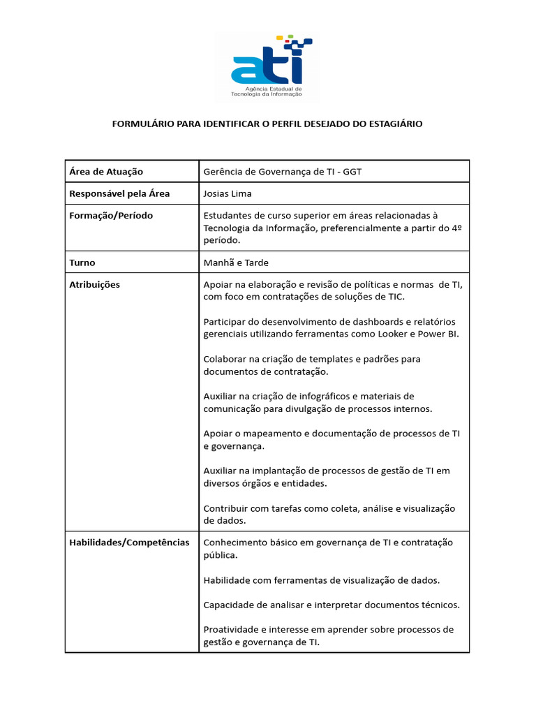 Formulário Perfil Estágio - GGT | PDF