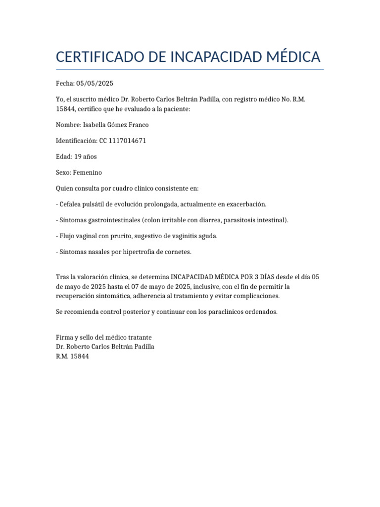 Incapacidad Isabella Gomez Franco 05052025 | PDF