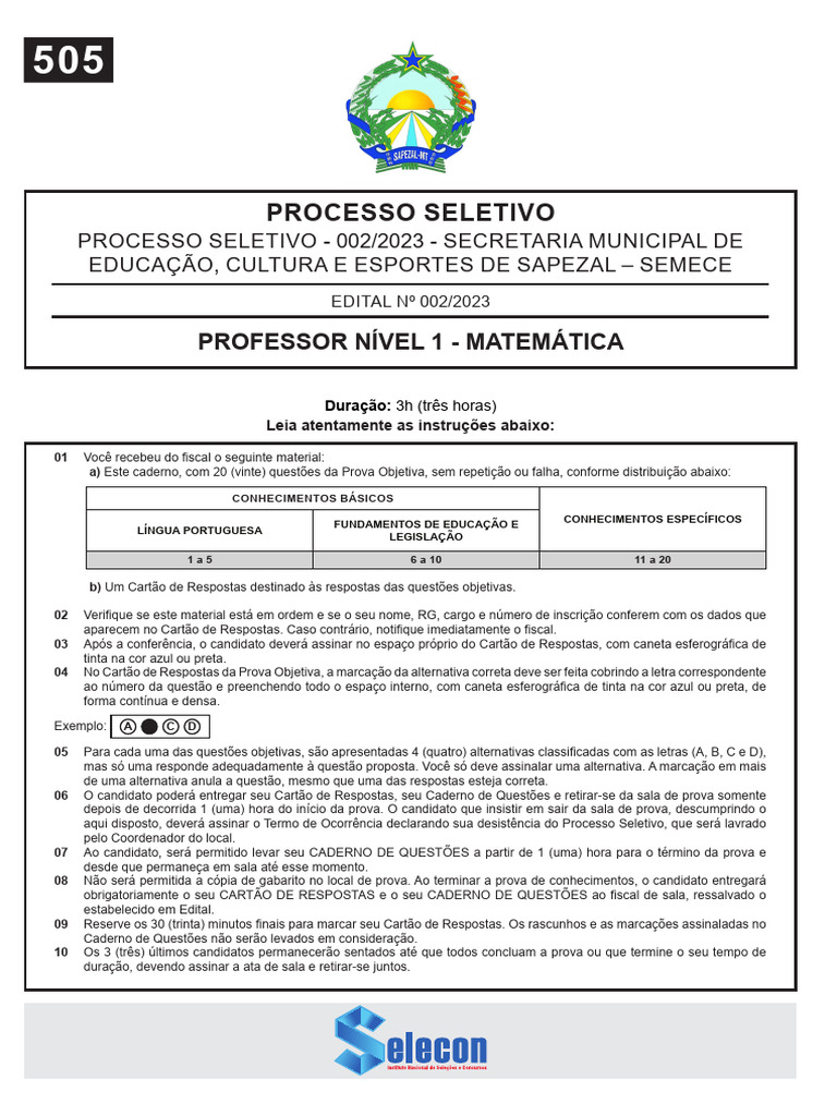 Selecon 2024 Prefeitura de Sapezal MT Professor Nivel 1 Com Habilitacao em Matematica Prova ...