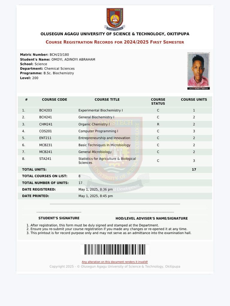 BCH-23-180 - 2024-2025 - First Semester Course Registration Form | PDF ...