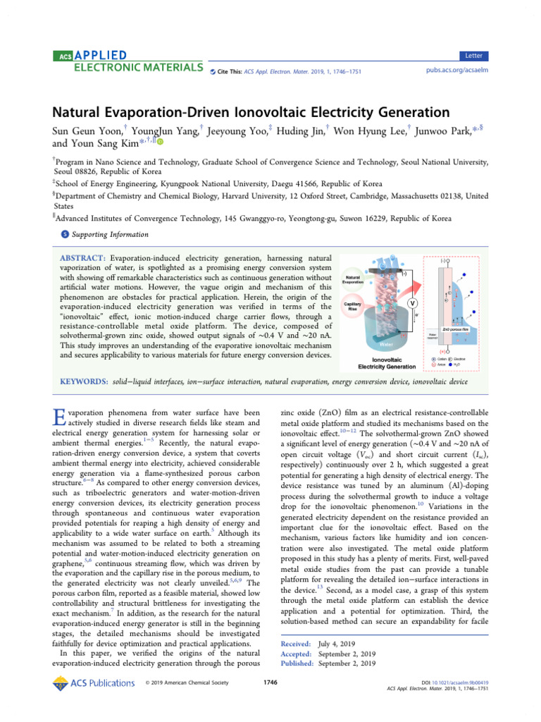 15 - Yoon Et Al 2019 Natural Evaporation Driven Ionovoltaic Electricity Generation | PDF | Zinc ...