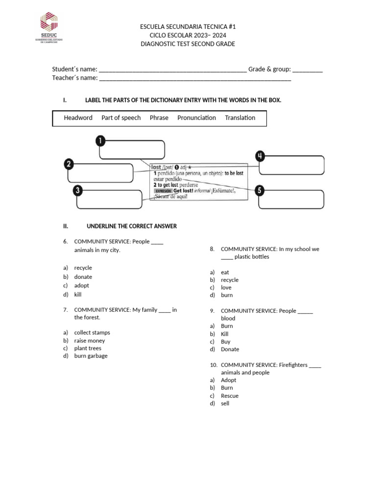 Diagnostic Test 2 °grade | PDF | Fairy Tales