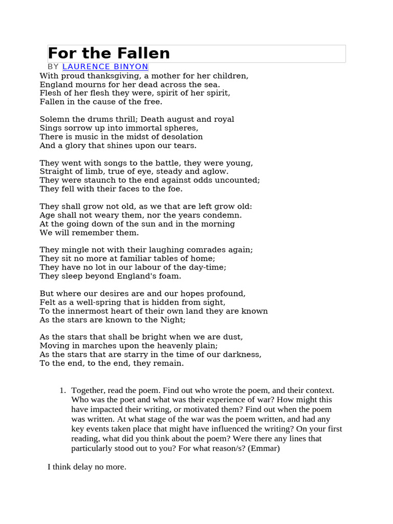 For The Fallen Poem Analysis | PDF