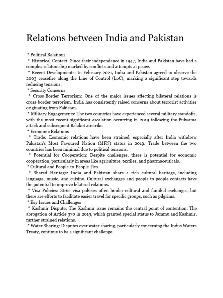 Relations between India and Pakistan | PDF | India–Pakistan Relations ...