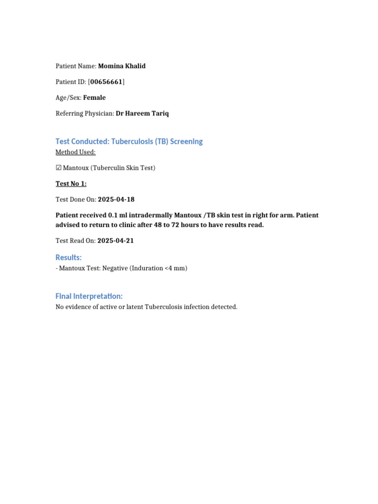 TB Negative Report Momina Khalid1 | PDF