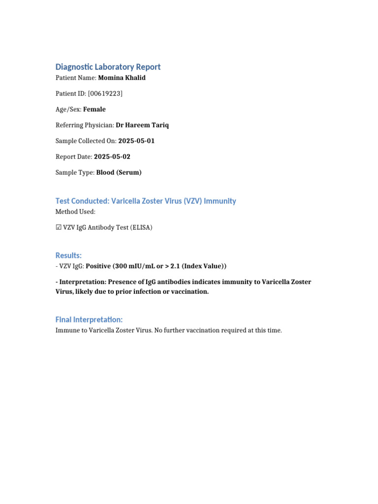 Varicella Zoster Immunity Report Momina Khalid | PDF
