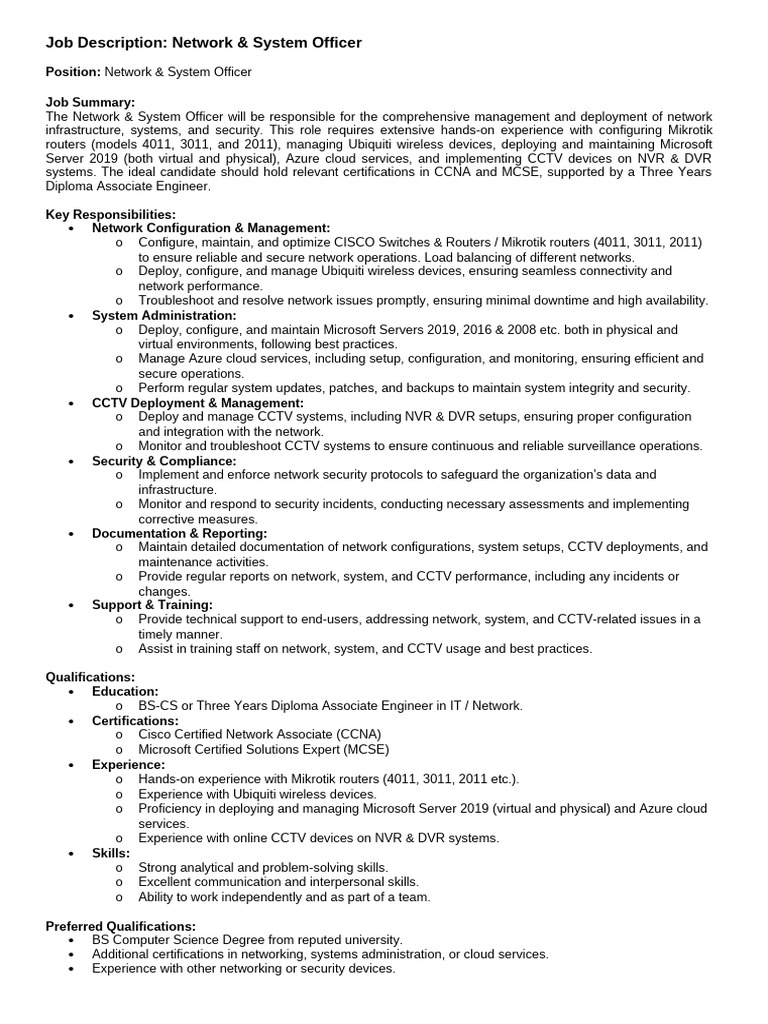 Network & System Officer Job Description | PDF | Computer Network ...