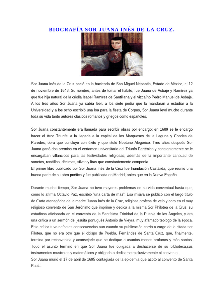 Biografía de Sor Juana Inés de la Cruz | PDF