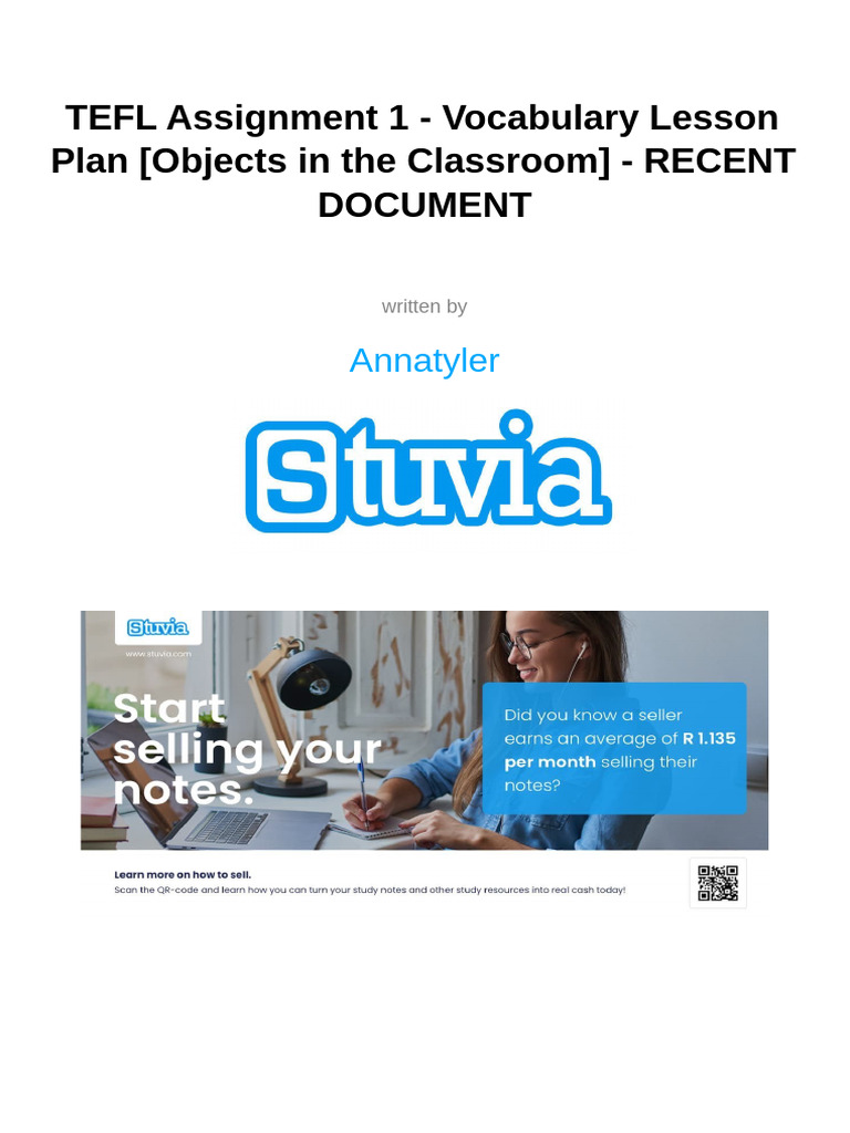Stuvia 3863577 Tefl Assignment 1 Vocabulary Lesson Plan Objects in The Classroom Recent Document ...