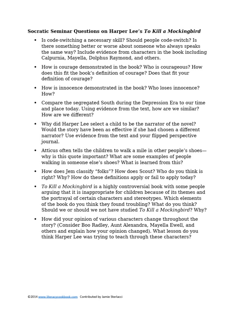 Socratic Seminar Questions On To Kill A Mockingbird | PDF