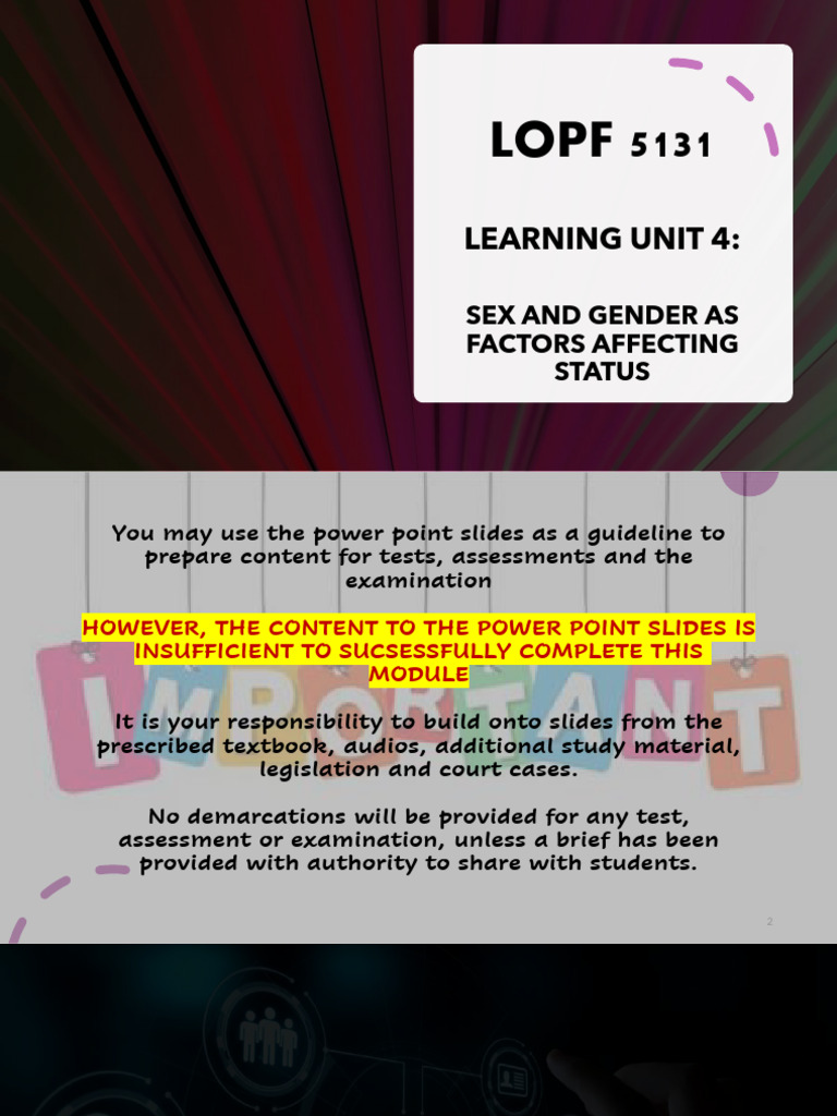 LOPF LU4 - Sex & Gender As Factors Affecting Status | PDF | Discrimination | Gender