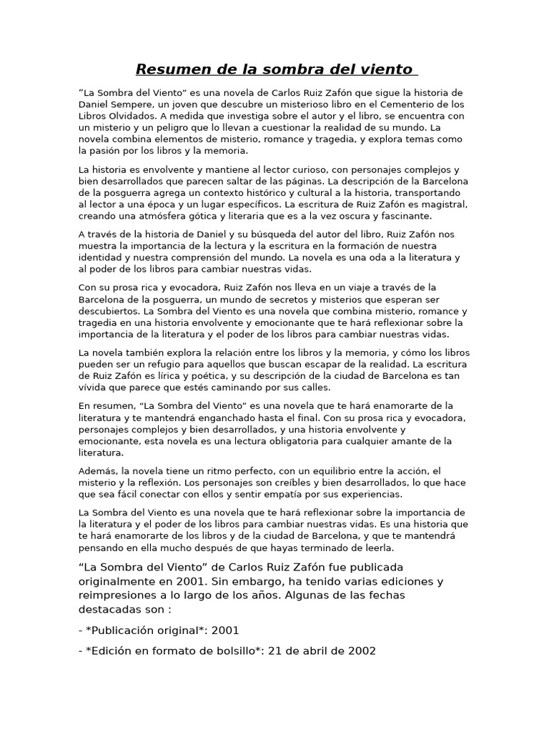 La Sombra del Viento: Un viaje literario | PDF | Novelas | Escritura