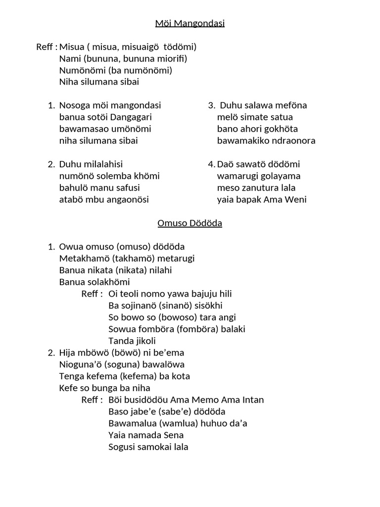 Lirik Lagu Möi Mangondasi dan Reff | PDF