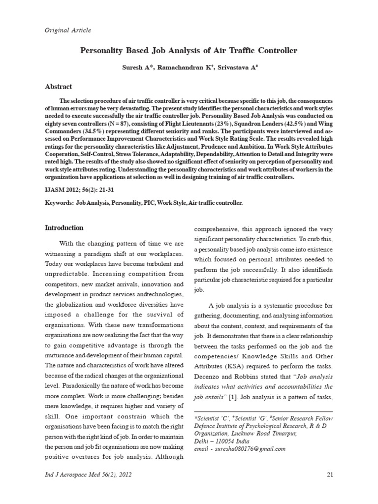 Suresh & Srivasta - Personality Based Job Analysis of Air Traffic Controller | PDF | Air Traffic ...