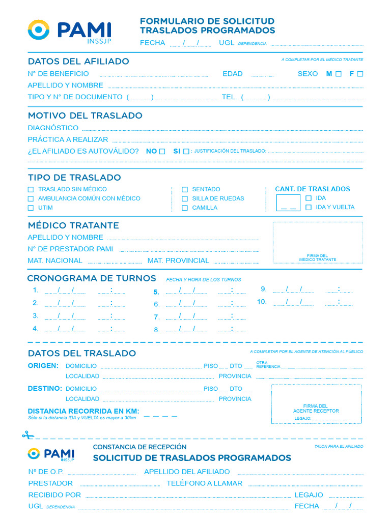 Formulario Traslados Pami | PDF | Servicios públicos | Cuidado de la salud