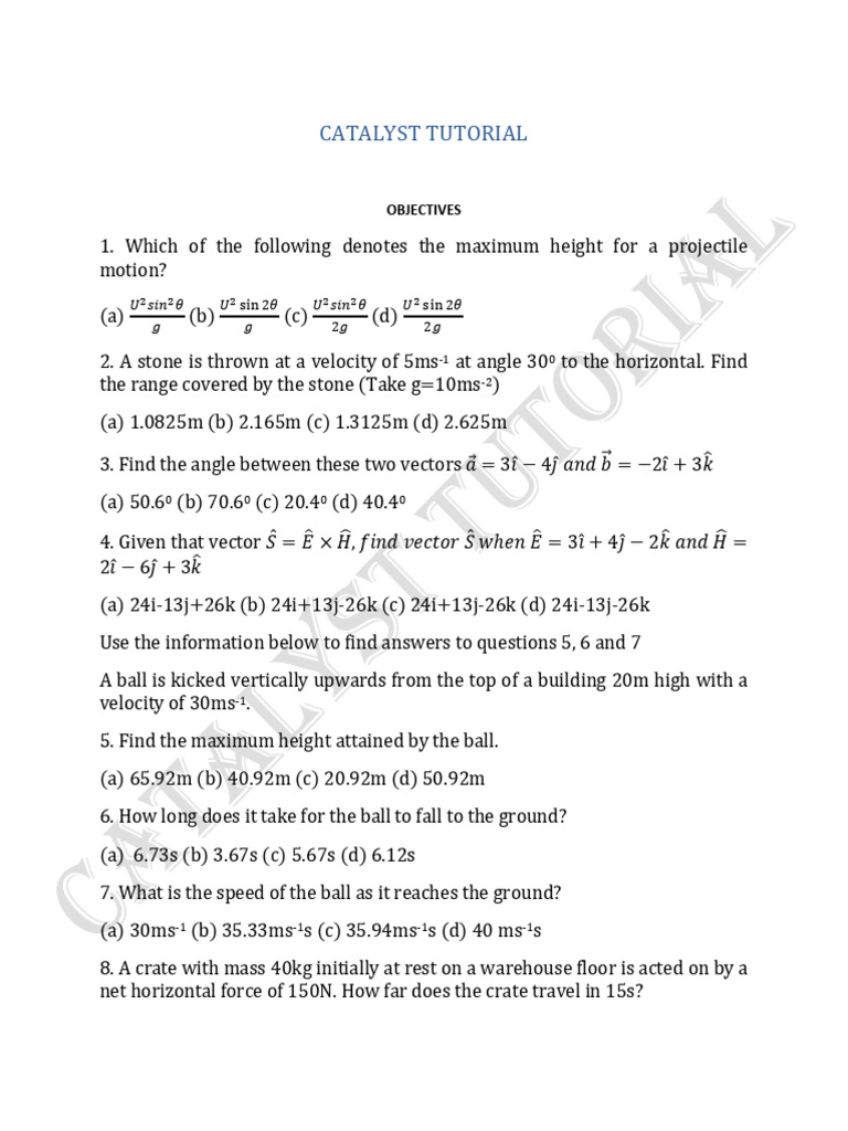 Physics Catalyst Tutorial Questions | PDF | Force | Projectiles