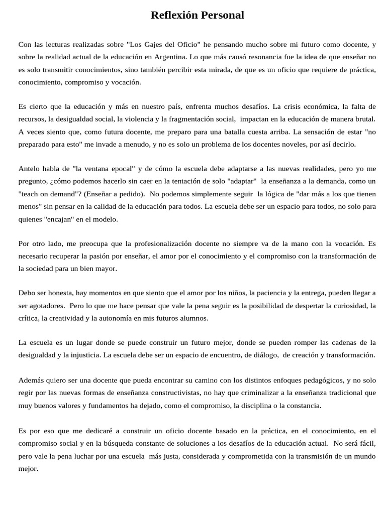 Reflexión Personal, Azar Belén, Perspectiva Filosófico Pedagógico ...