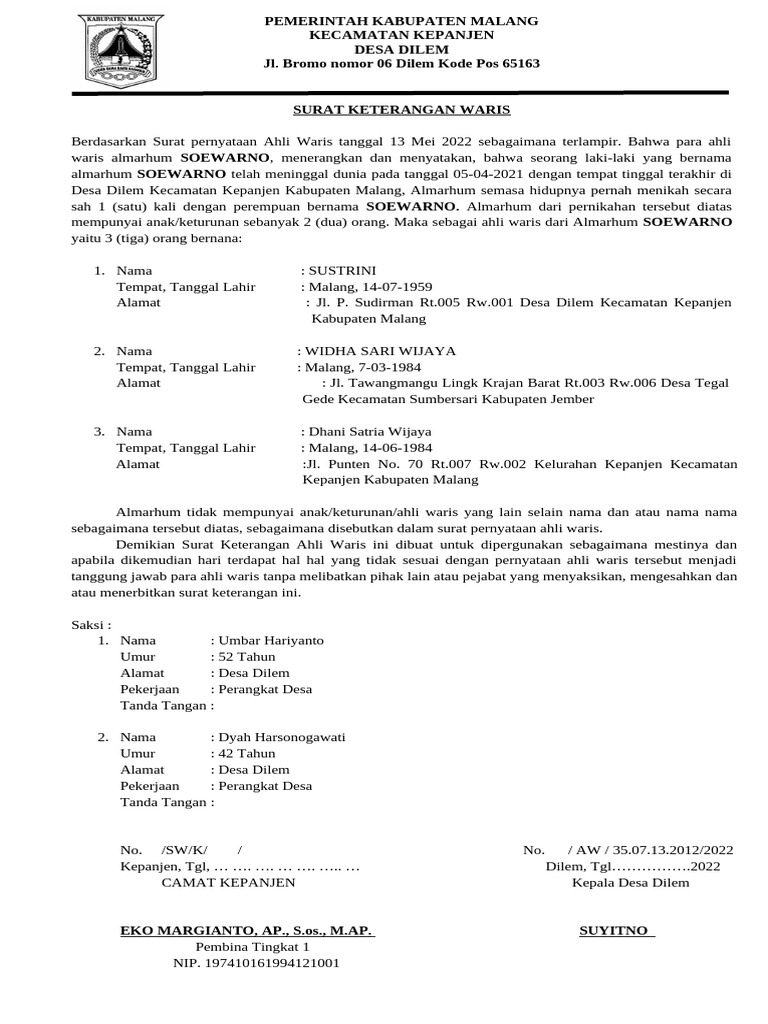 SURAT KETERANGAN WARIS Pak Dani | PDF