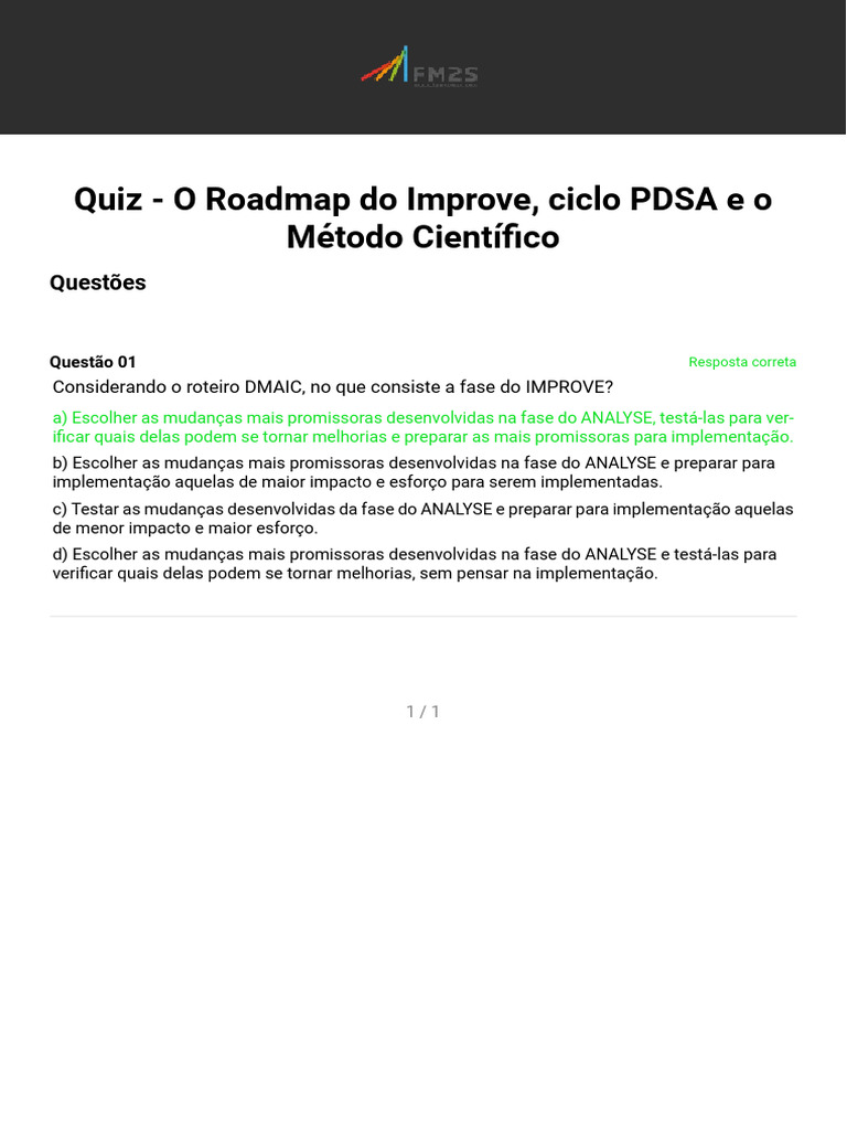 Quiz - O Roadmap Do Improve, Ciclo PDSA e o Método Científico | PDF