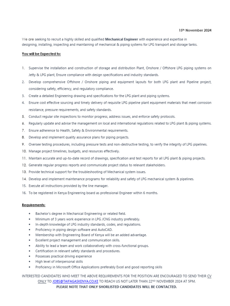 Job Advert Mechanical Engineer forTGISL | PDF | Safety | Specification ...