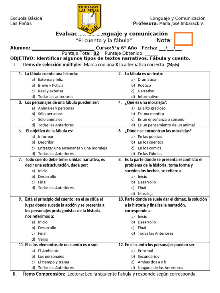 Evaluación de Cuento y Fábula 5° y 6° | PDF | Cuentos | Fábula