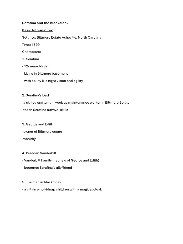 Serafina and the Black Cloak Summary | PDF