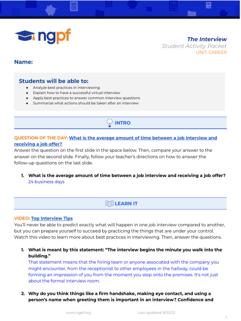 Copy of The Interview Student Activity Packet | PDF | Job Interview | Human Communication