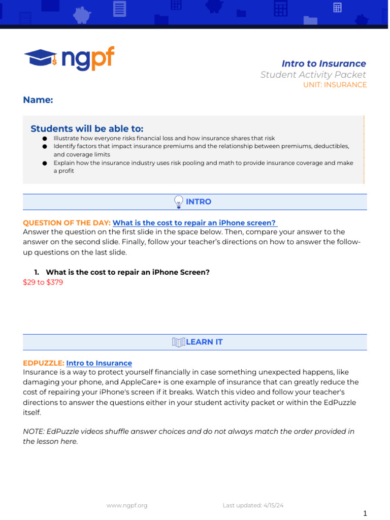 Intro To Insurance Student Activity Packet | PDF | Insurance | Deductible