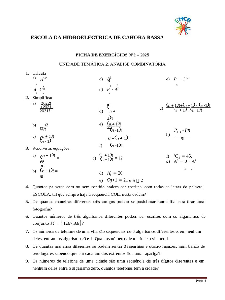 Ficha de Exercicio 2 Analise Combinat. 2024 | PDF