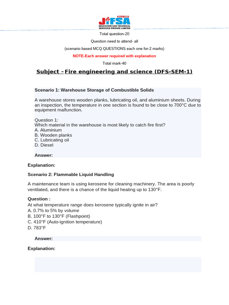 Fire Safety MCQs with Explanations | PDF | Fires | Combustion