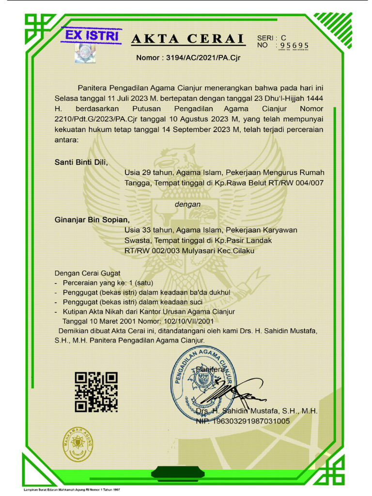 PENERBITAN AKTE CERAI SANTI PA CIANJUR | PDF
