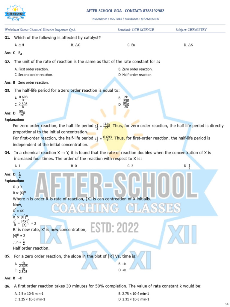 Chemical Kinetics Important QnA-12TH SCIENCE-CHEMISTRY-Answersheet ...