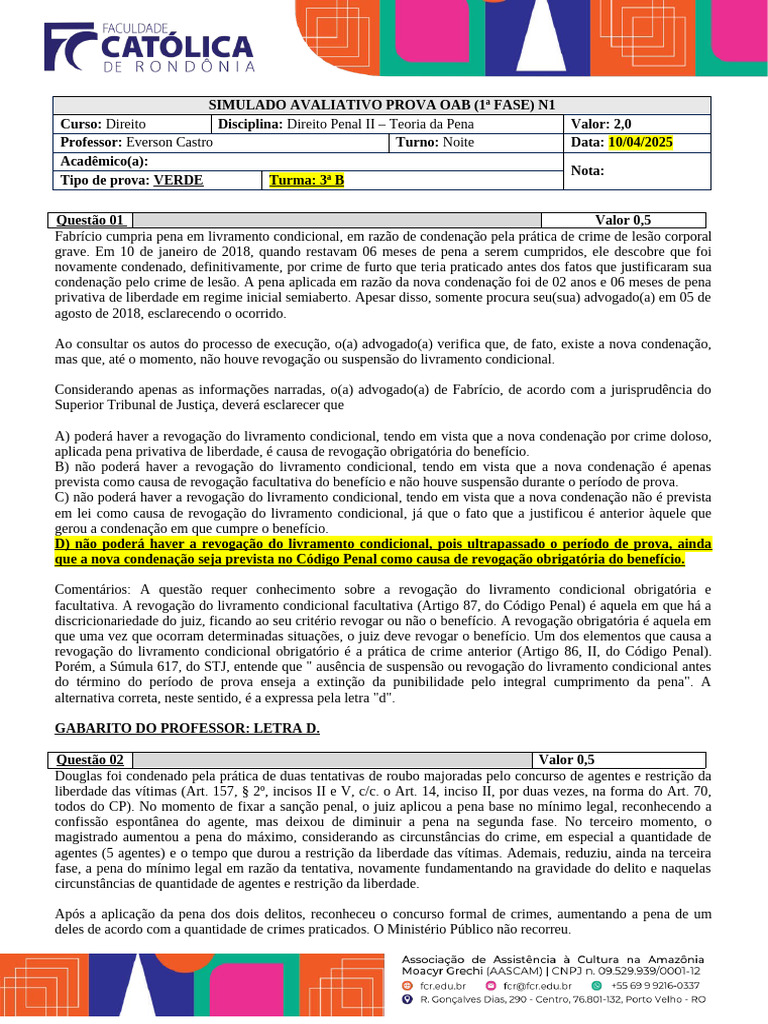 Simulado OAB: Direito Penal II - Teoria da Pena | PDF | Sentença ...