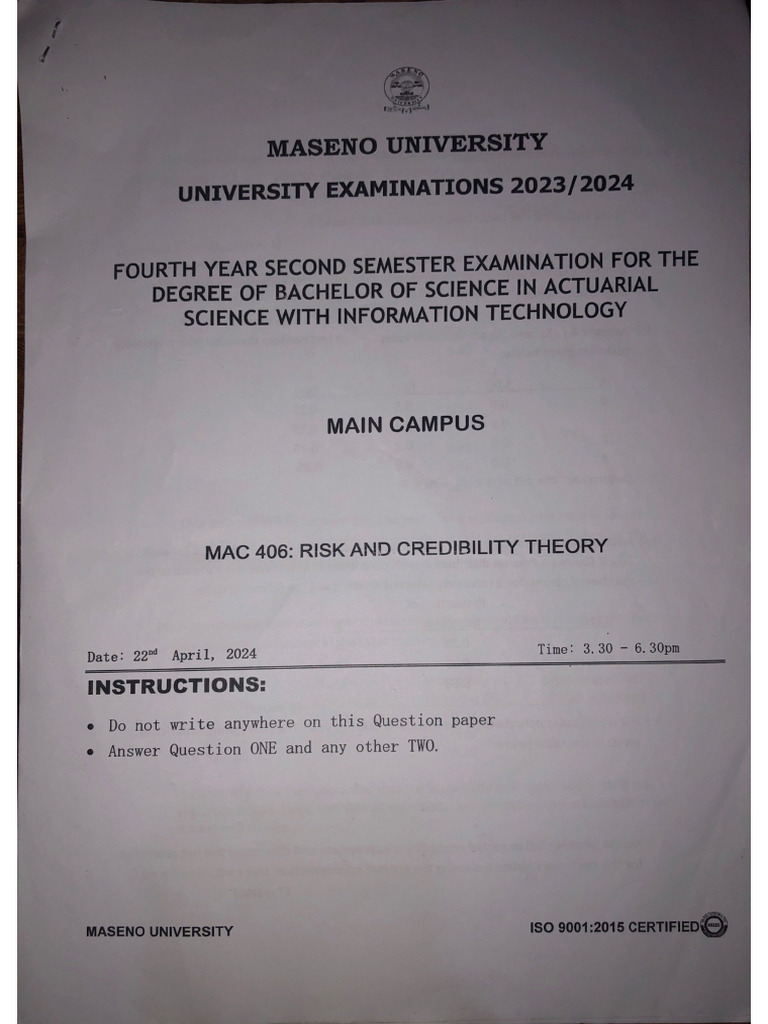 MAC 406 Risk and Credibility Theory | PDF