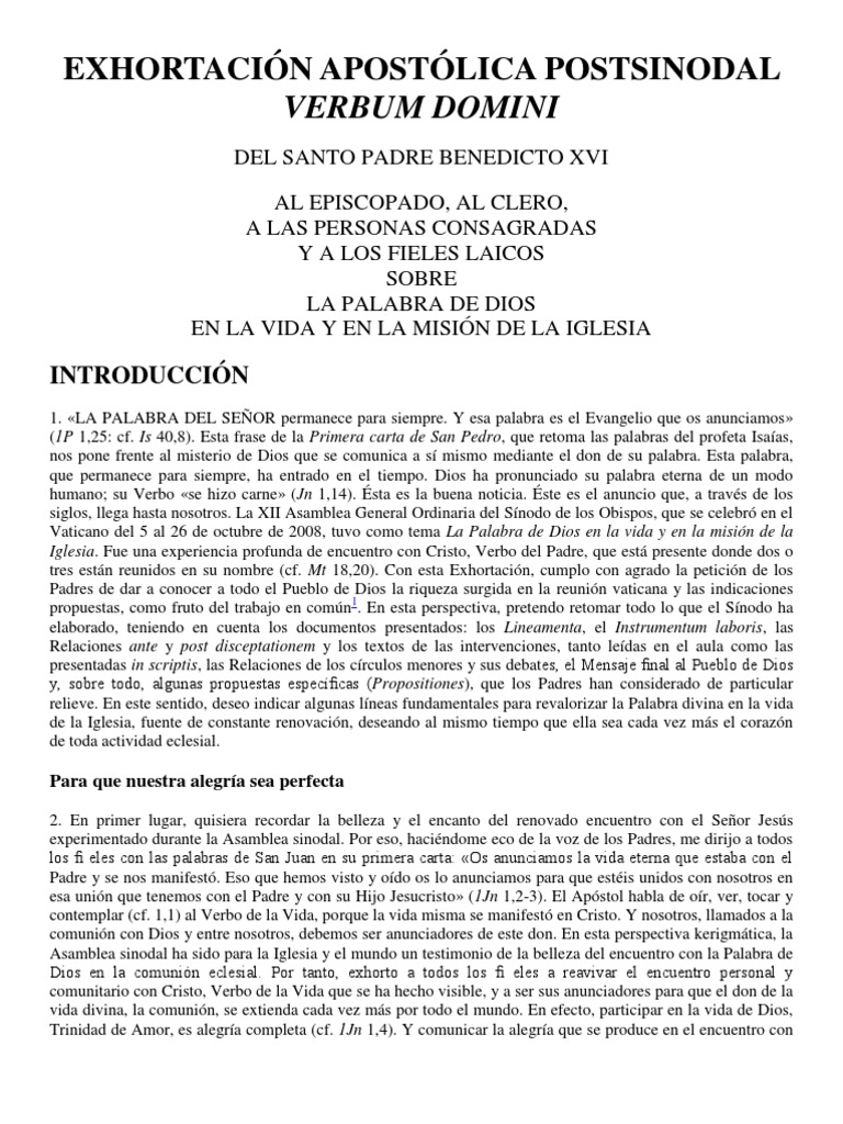 Exhortación Apostólica Postsinodal Verbum Domini | PDF | espíritu Santo | Jesús