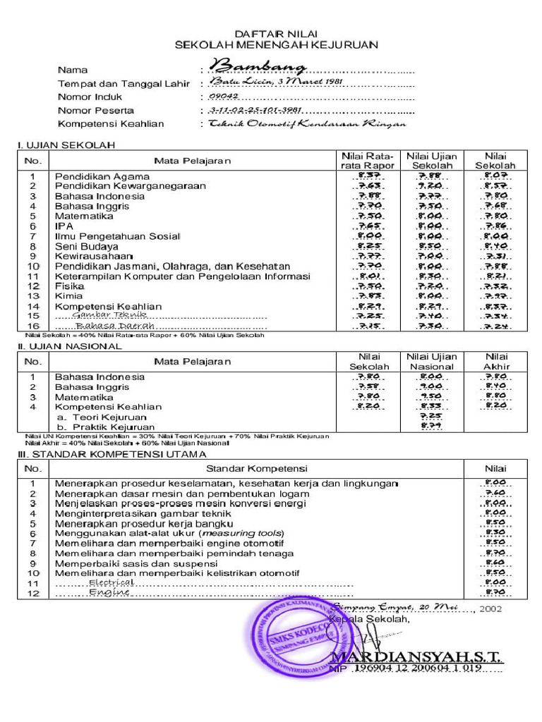 Dokumen-Transkrip nilai otomotif Bambang SMKs Kodeco | PDF