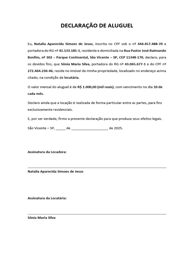 Declaração de Aluguel Residencial | PDF