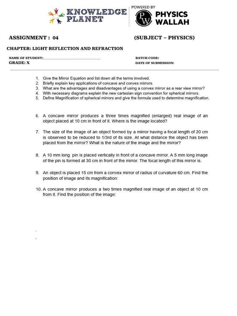 Assignment 04 - GRADE 10 - Light Reflection and Refraction | PDF