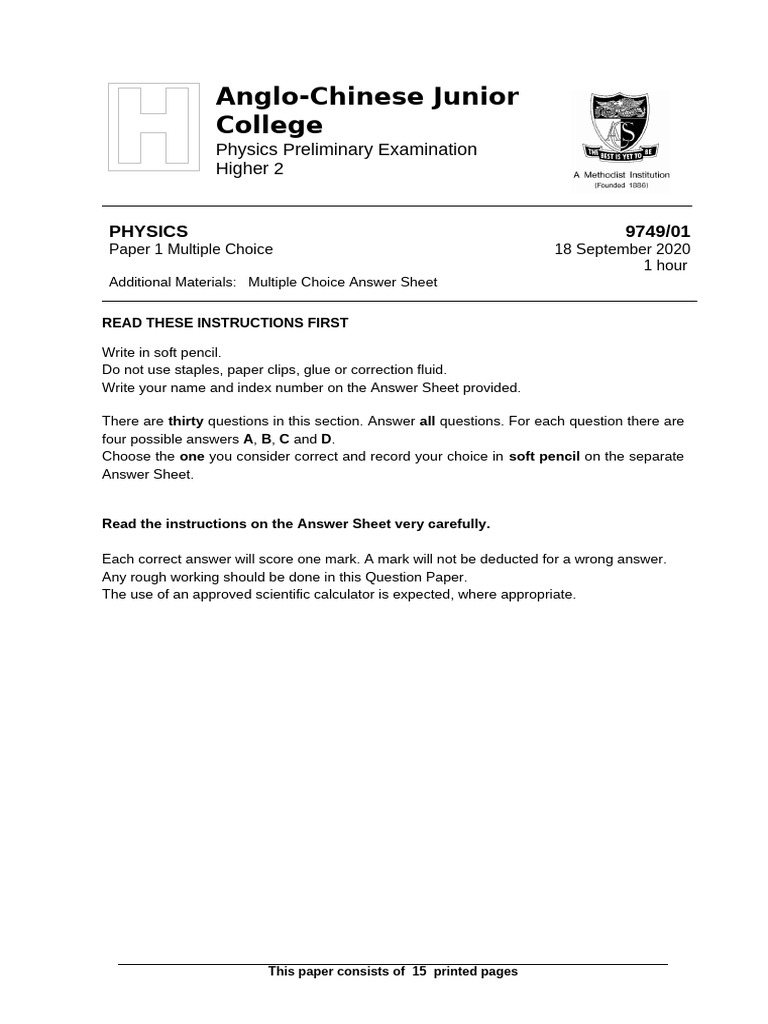 2020 J2 H2 Physics Prelim P1 | PDF | Gases | Temperature
