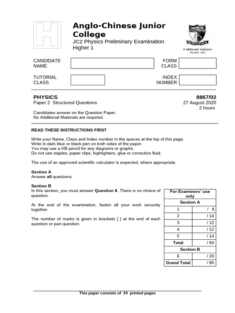 2020 J2 H1 Physics Prelim P2 | PDF | Force | Orbit
